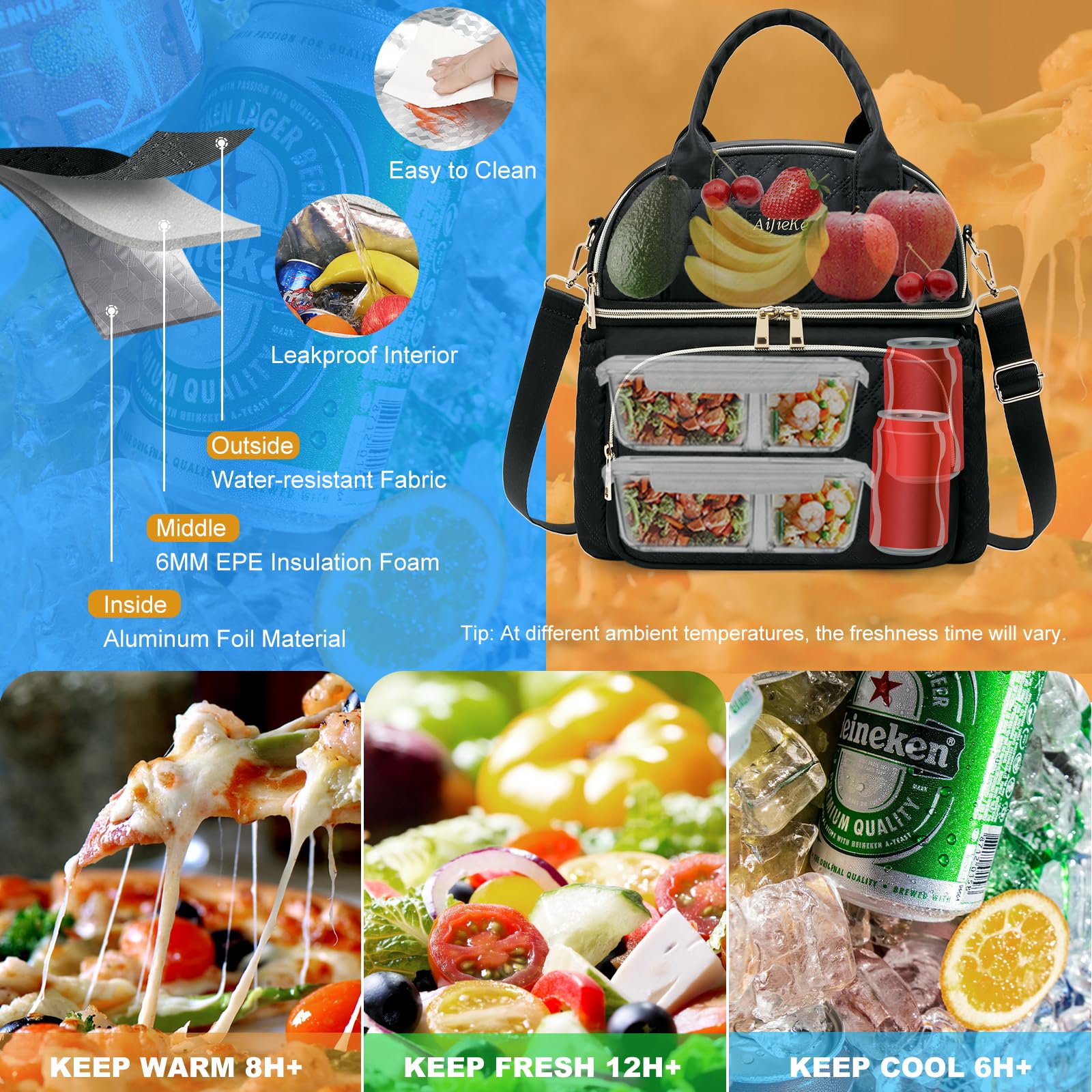 AIJIEKE Lunch Bag for Men Women, Dual Compartment Lunch Box Insulated Lunch Bags, Large Adult Double Deck Leak Proof Lunch Tote Cooler with Adjustable Shoulder Strap for Work Picnic Beach, Black