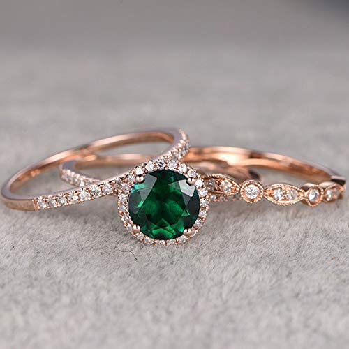 Panwa Jewelry 3pcs/Set Retro Women Emerald 18K Gold Filled Wedding Engagement Ring Set Sz 6-10 (8)