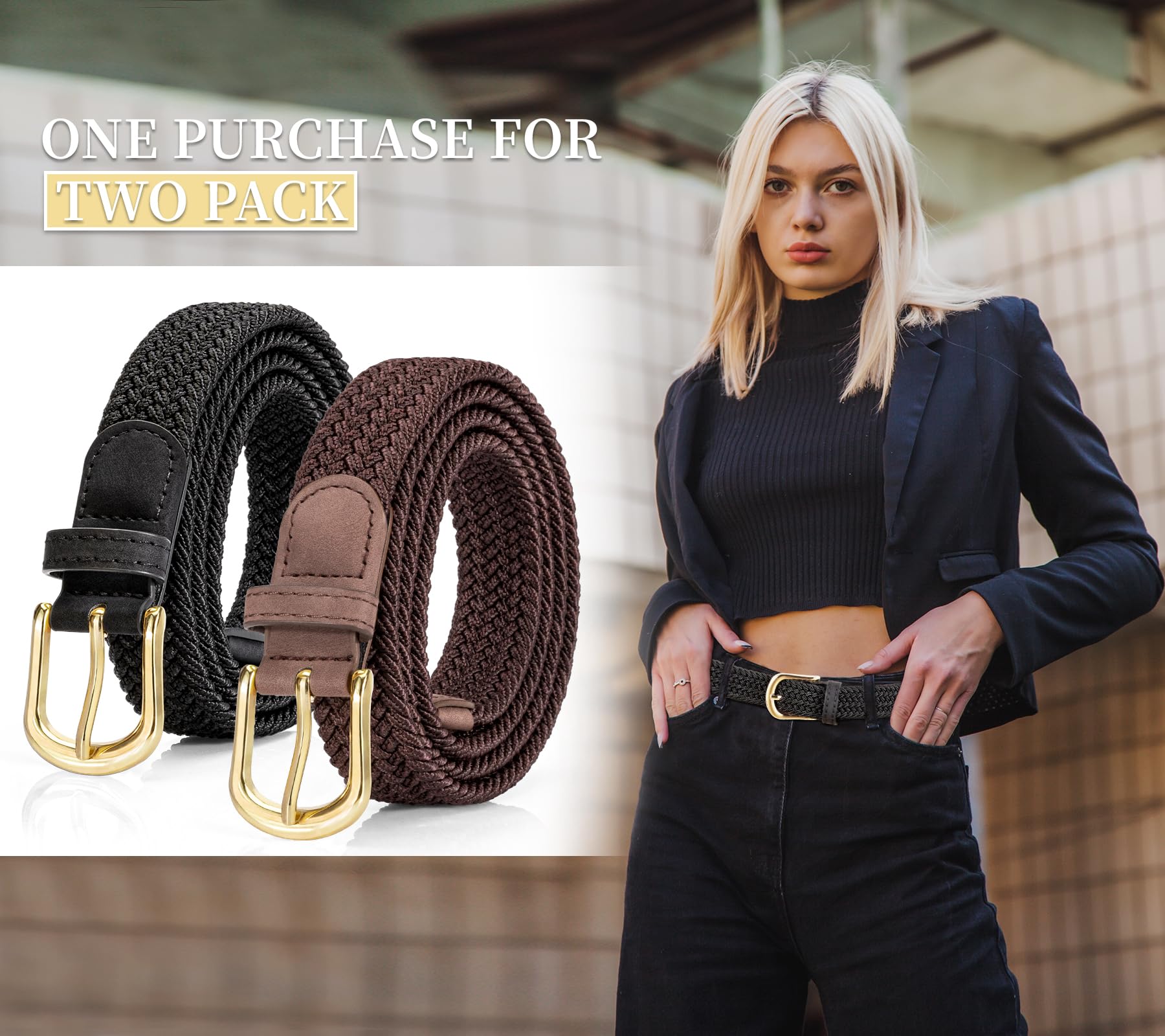 Alphyly Neries 2 Pack Women Plus Size Belt, Woven Elastic Stretch Belt, Brown Braided Belt Women, Black+Brown, For Waist Size 25-36''