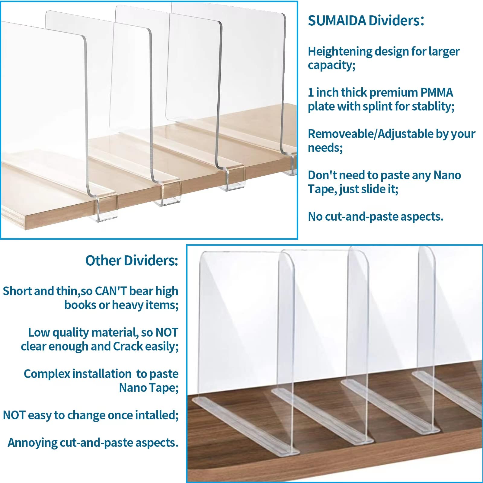 SUMAIDA Shelf Dividers for Closet Organization, Clear Acrylic Shelf Divider for Wooden Shelves, in Closets Shelf and Closet Separator in Bedroom, Kitchen and Office(6)