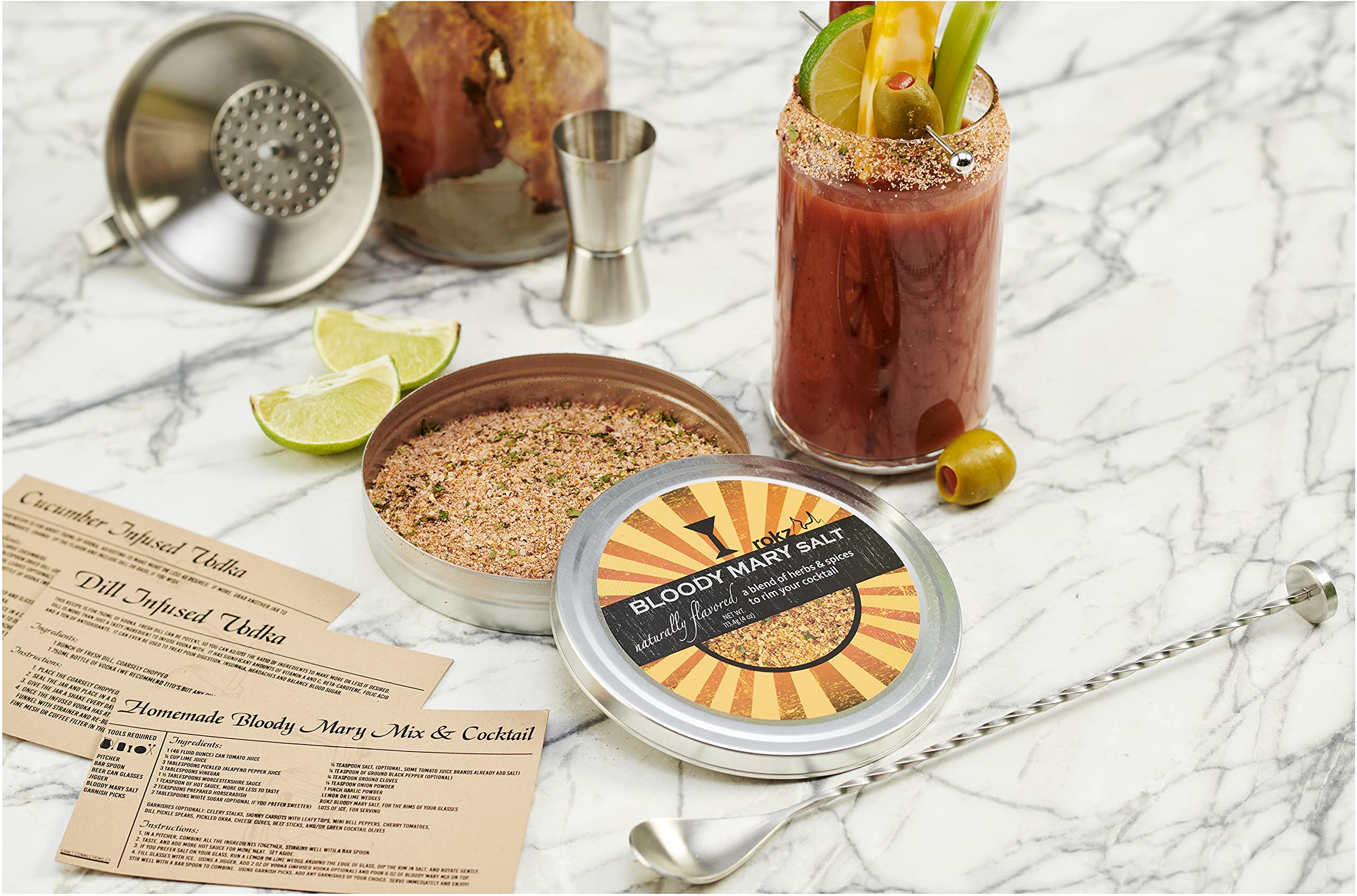 Bloody Mary Cocktail Kit: 16 oz Beer Can Drinking Glass Set | Zing Zang Bloody Mary Mix | Rokz Salt Tin | Infusion Jar | Bar Spoon | Jigger | Garnish Picks | Recipe Cards