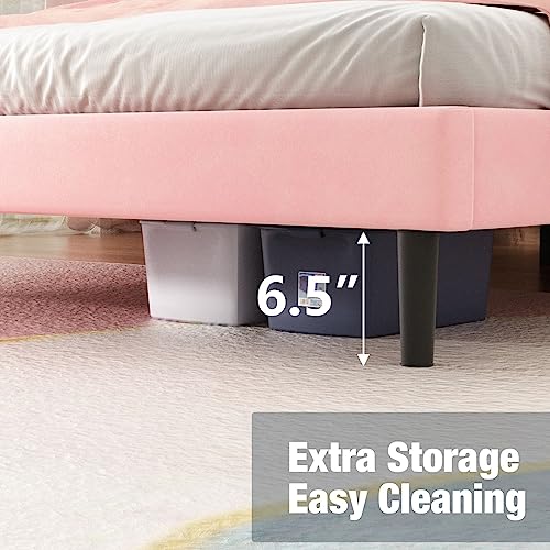 Daznzn Full Size Bed Frame with Headboard, Velvet Upholstered Platform Bed with Strong Wood Slats Support, No Box Spring Needed, Strong Weight Capacity, Noise Free, Easy Assembly, Pink