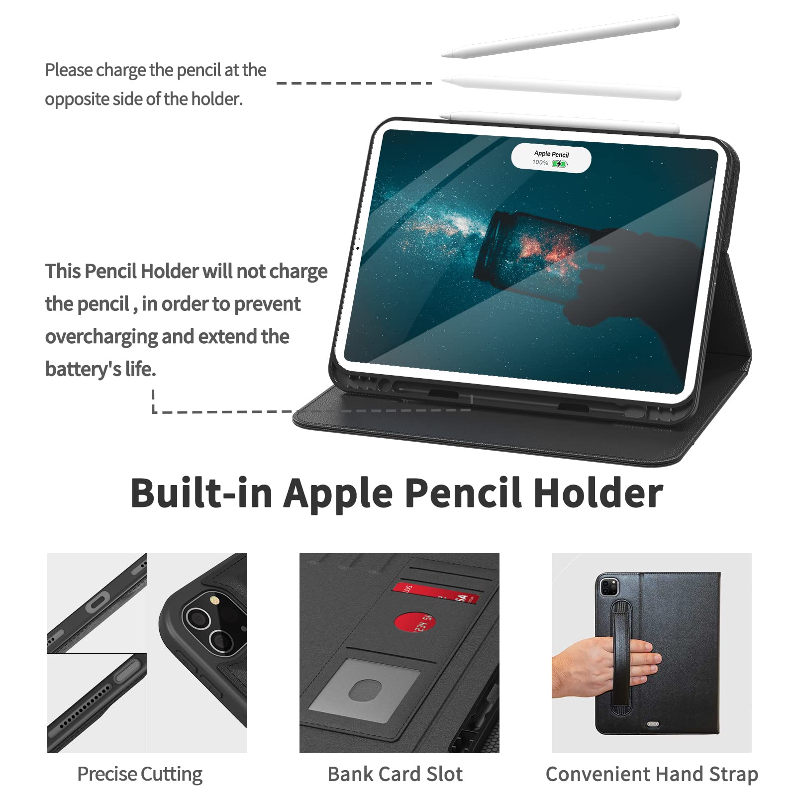 CAVOKAS for New iPad Pro 11 Inch Case 2021 3rd Generation, 2nd Gen 2020 Leather Case with Apple Pencil Holder - Auto Wake/Sleep, Durable & Removable Magnetic Protective Cover, Black