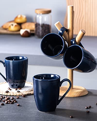 HENXFEN LEAD Coffee Mugs Set of 4-12 Oz Ceramic Coffee Cup with Large Handle for Tea, Milk, Latte and Cocoa, Christmas Mug Gift with Texture Design for Men & Women Microwave Safe, Dark Blue