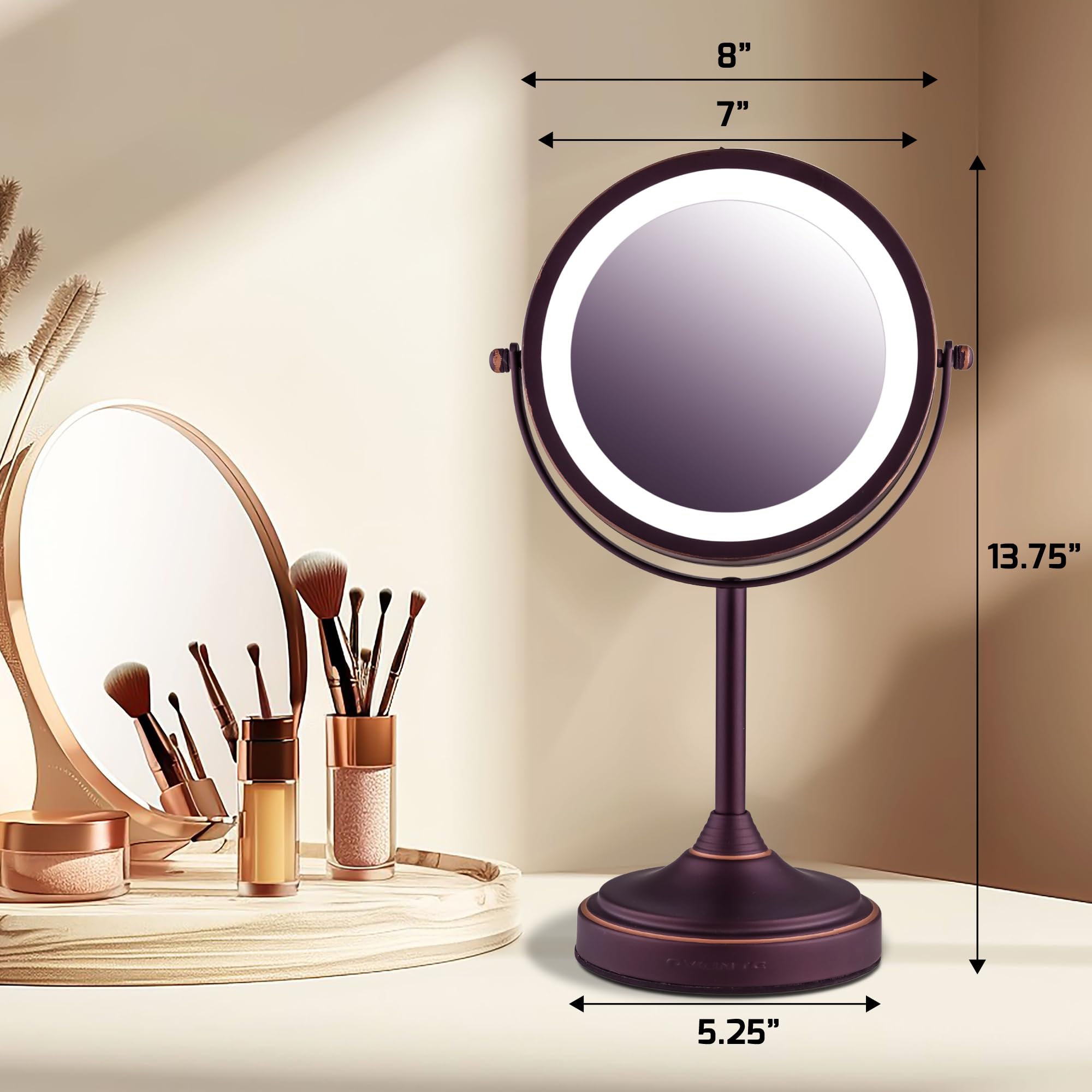 OVENTE 7'' Lighted Makeup Mirror with 1X/7X Magnification, Cordless Tabletop Mount Vanity Mirror with 360° Swivel Design & Double Sided Glow Cosmetic White LED Ring Light, Antique Bronze MCT70ABZ1X7X
