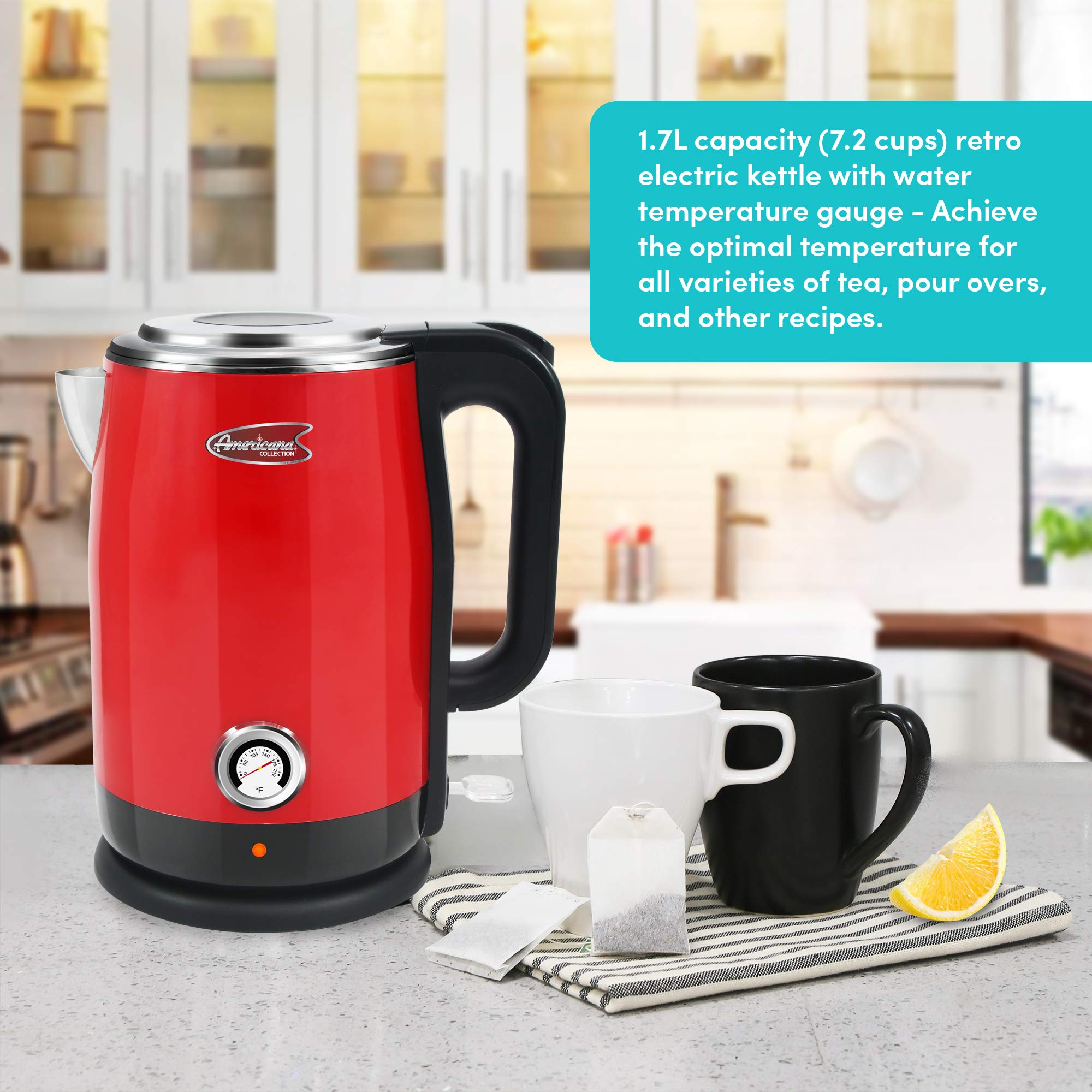 Elite Gourmet Americana EKT-1780R Retro Nostalgic Temperature Gauge Double Wall Insulated Cool Touch Electric Water Tea Kettle, BPA Free Stainless Steel Interior and Auto Shut-Off,