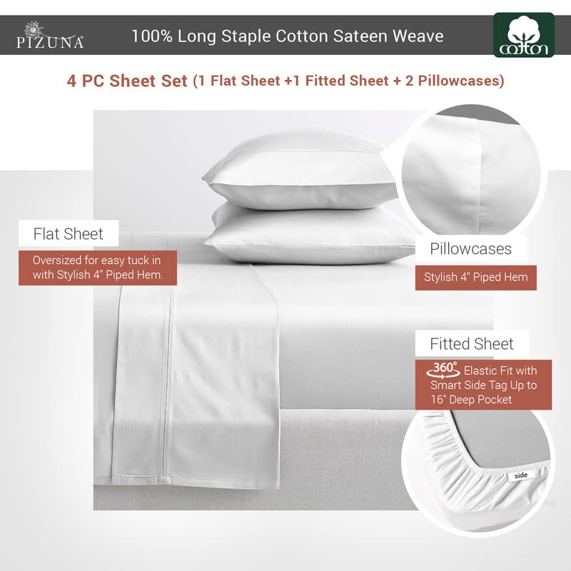 Pizuna 100% Cotton Sheets for Queen Size Bed White, 400 Thread Count Long Staple Combed Cotton, Sateen Cooling Sheets Queen, 15 Inch Deep Pocket Queen Sheets Set (White Cotton Bed Sheets Queen)