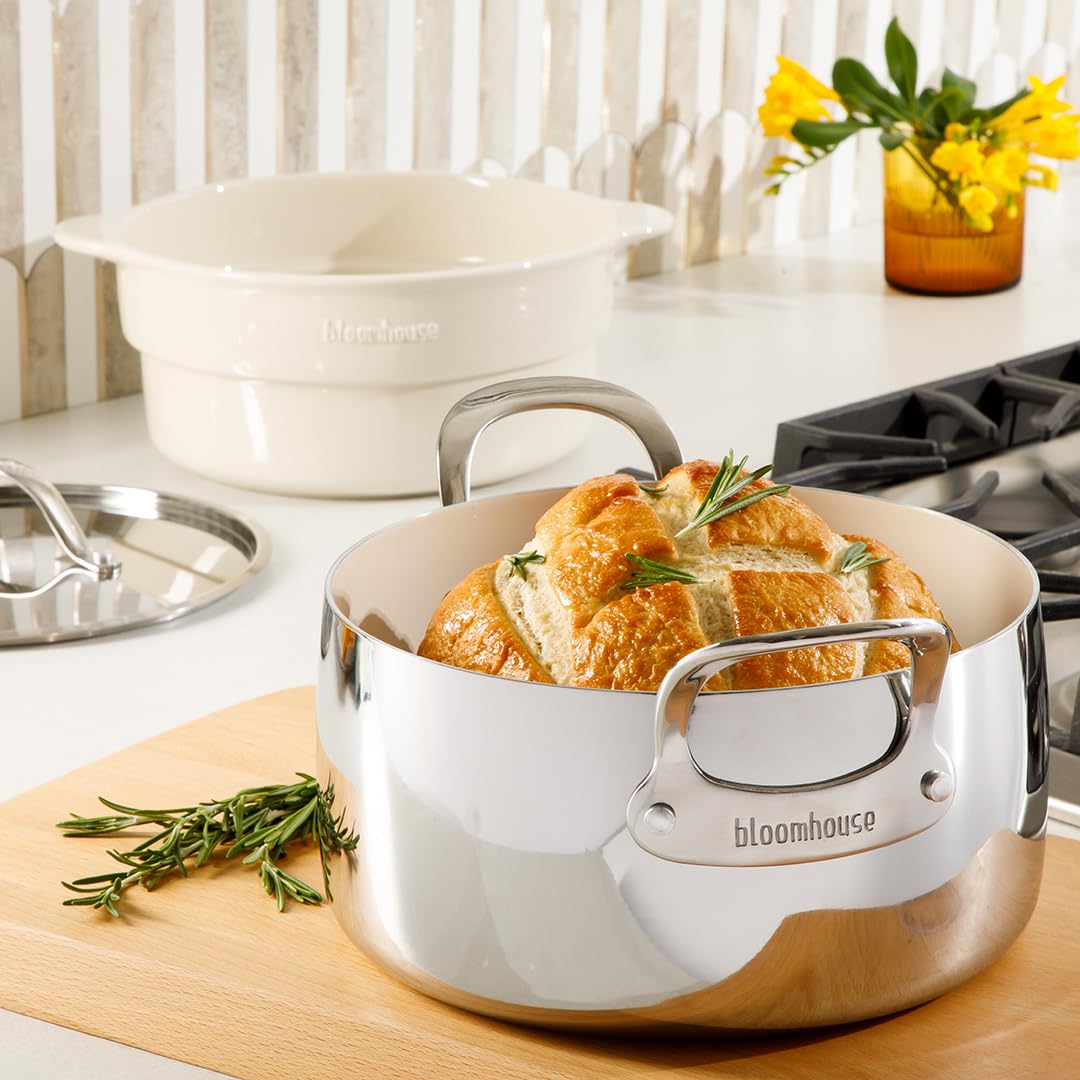 Bloomhouse - Oprah's Favorite Things - 6-QT Triply Stainless Steel Dutch Oven w/Non-Stick Non-Toxic Ceramic Interior and Ceramic Steamer Insert