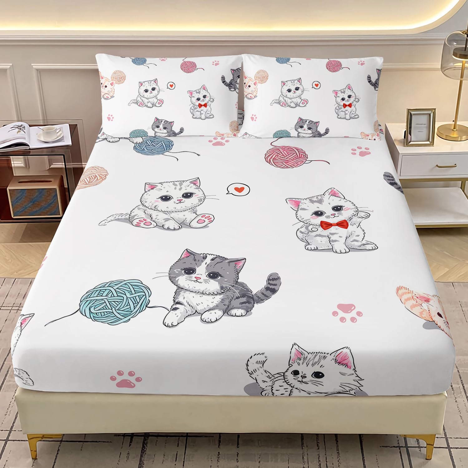 AILONEN Lovely Cartoon Cat Bed Set Kids,Cute Woolen Thread Kittens Bed Sheet Set for Girls Twin Size, Kawaii Animal Cat Lover Bedding Set,3-Piece, 1 Fitted Sheet and 2 Pillowcases,Soft Breathable