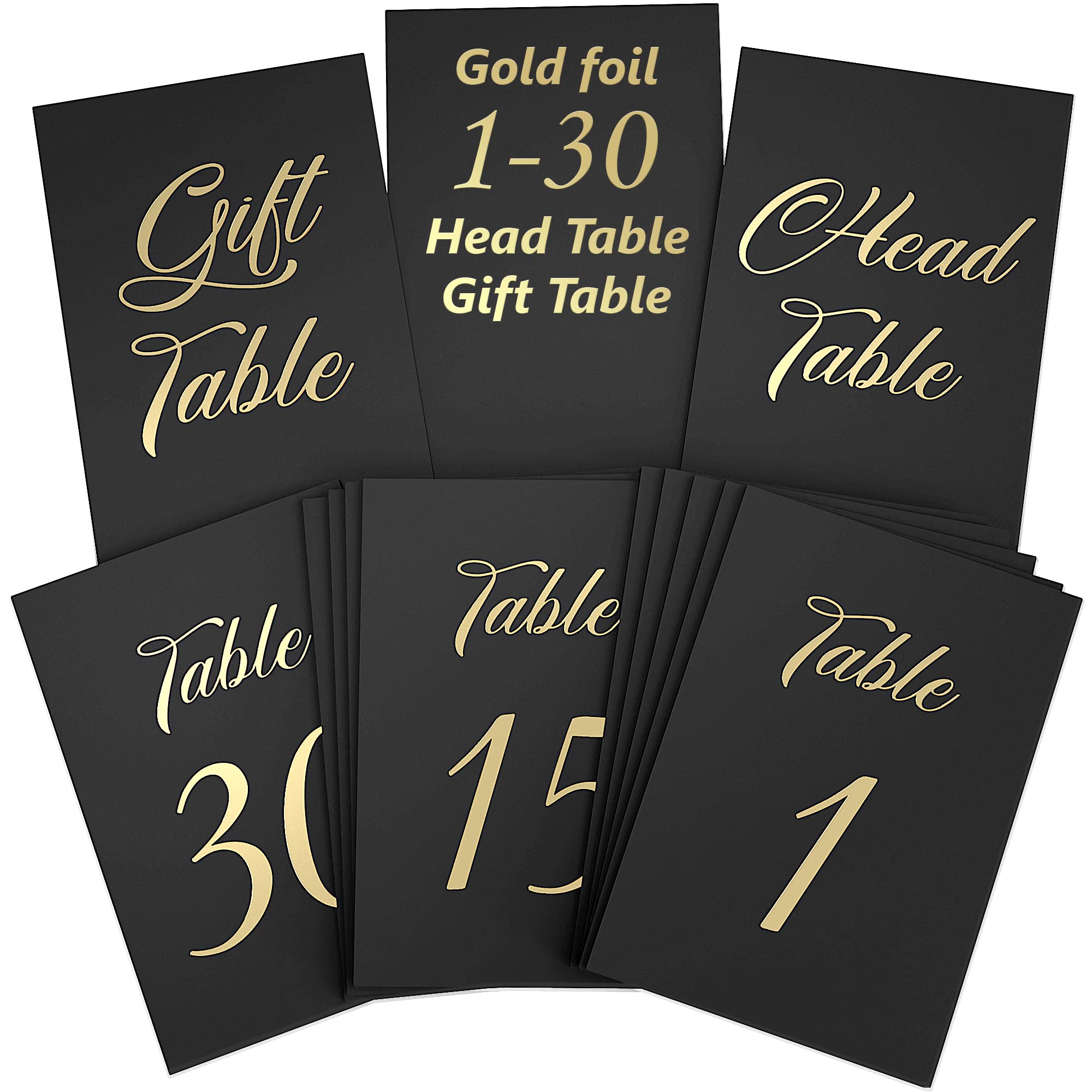 Black Wedding Table Numbers 1-30 with Gold Foil Letters - Table Number Cards 4x6 with Head & Gift Table - Wedding Numbers for Tables Card Stock Wedding Table Numbers for Tables - Wedding Reception