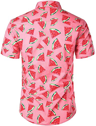 JOGAL Men's Fun Fruit Printed Short Sleeve Button Down Hawaiian Shirt Suits XX-Large Pink