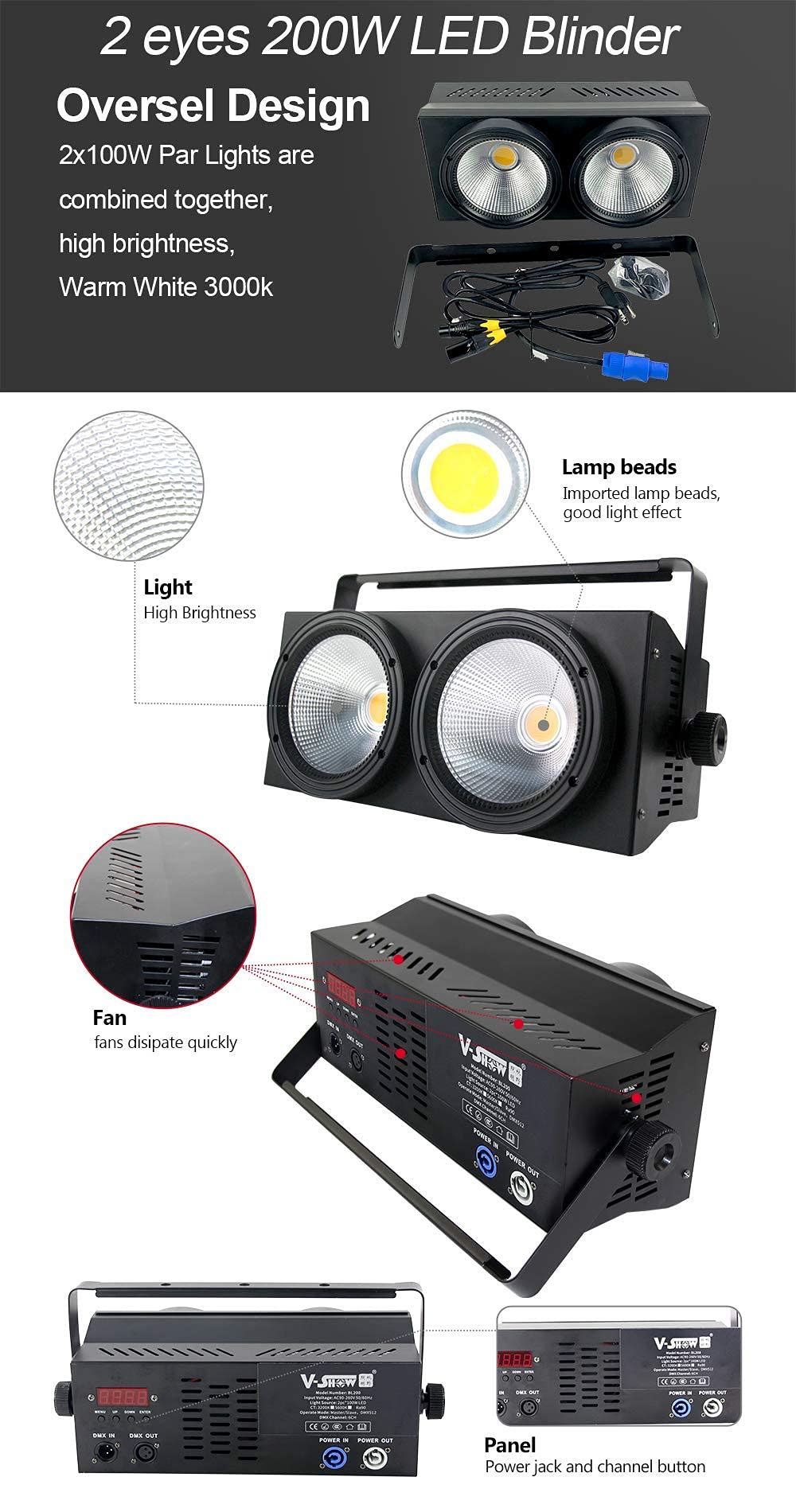 V-Show 200w led Stage par, Stage COB par,LED Blinder 2Head Light Warm White 3000K, 2 Eyes Wash LED, for Wedding Christmas Party Theater