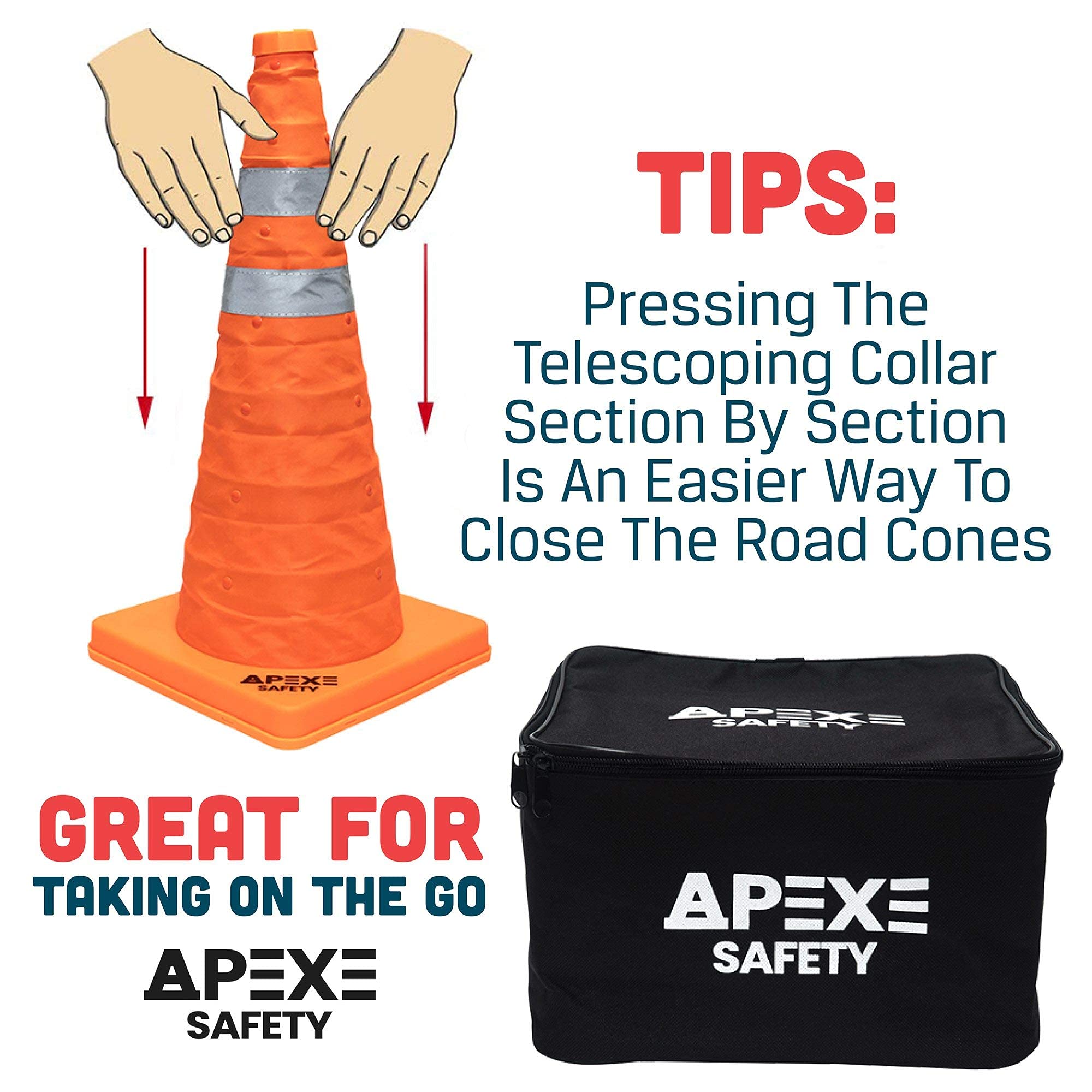 APEXE SAFETY Collapsible Traffic Cones, 19.5 Inch Pop Up Orange Cones, Construction Cones with 2 High-Intensity Grade Reflective Stripes, Waterproof Safety Cones with Durable Carrying Bag (4 Pack)