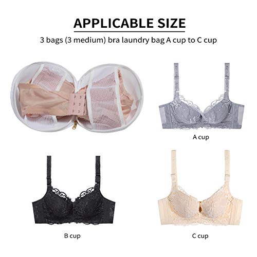 TENRAI Set of 3 (3 Medium Bra Bags, Fits A-D Cup, Delicates Laundry Bags, Bra Fine Mesh Wash Bag, Use YKK Zipper, Protect Best Bra or Underware in The Washer, （0 Fluorescent Agent, White, CQS）