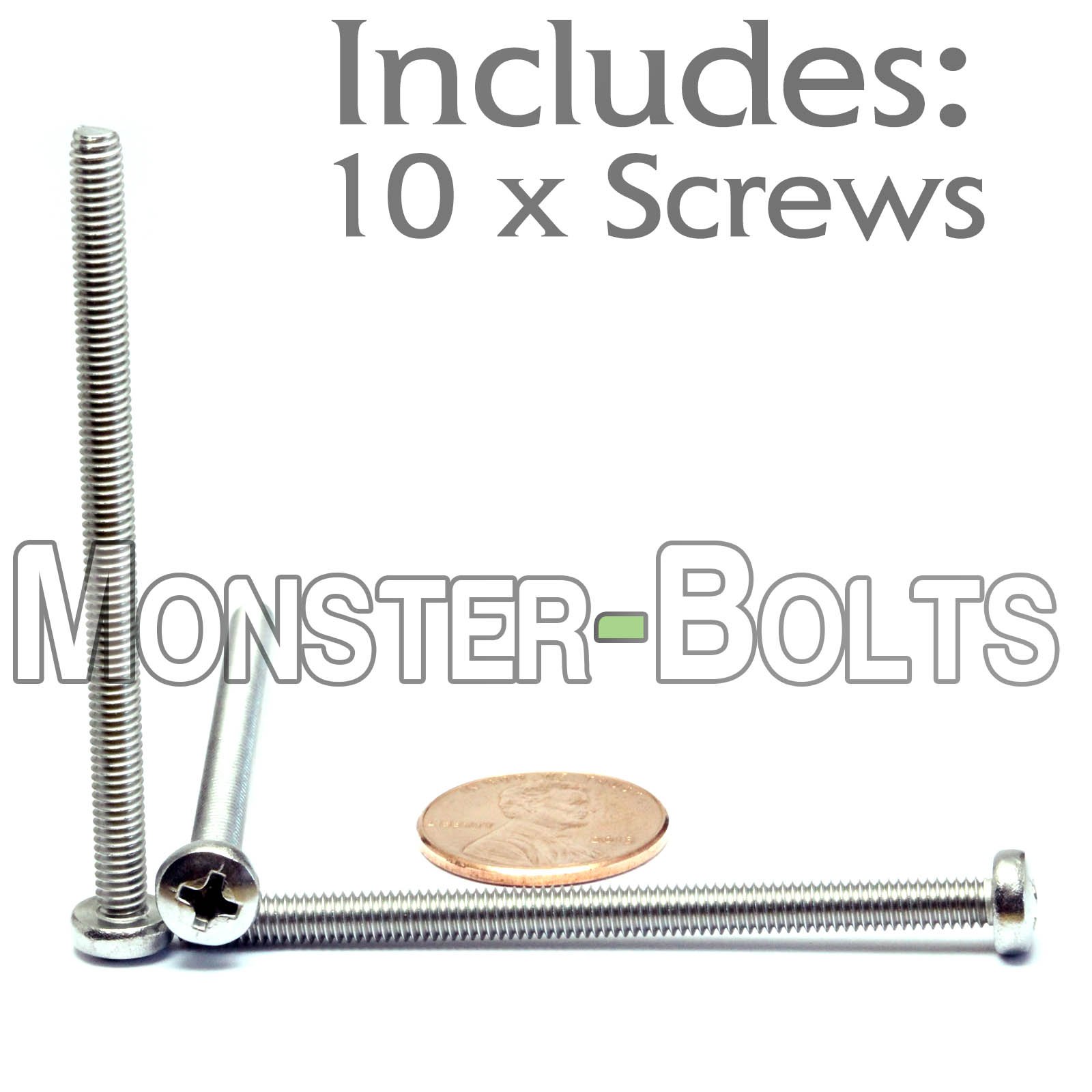MonsterBolts - M4 x 60mm Phillips Pan Head, DIN 7985A, Stainless Steel, 10 Pack