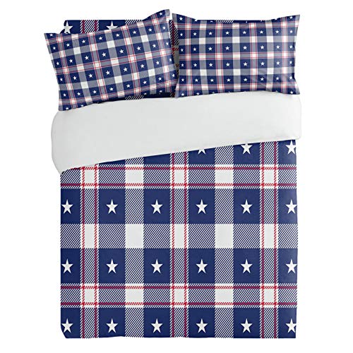 Duvet Cover Sets Independence Day Red White Blue Tartan,3 Pieces Bedding Set Ultra Soft Microfiber Quilt Covers and Pillowcase for Bedroom,USA Flag Star and Stripe Bed Set All Seasons Use