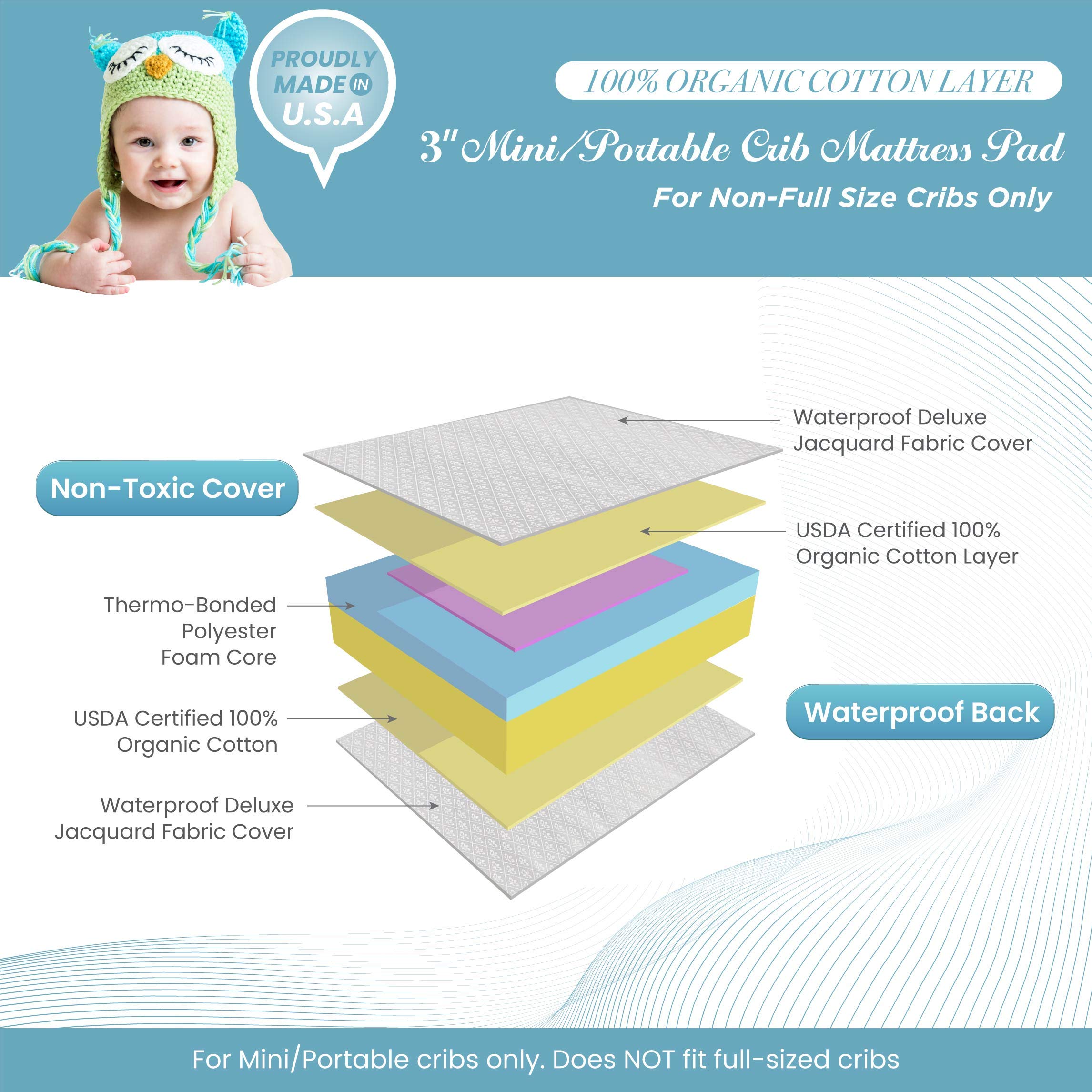 LA Baby 3" Waterproof Mini/Portable Crib Mattress Pad with 100% Organic Cotton Layer, for Non-Full Size Cribs Only - Made in USA