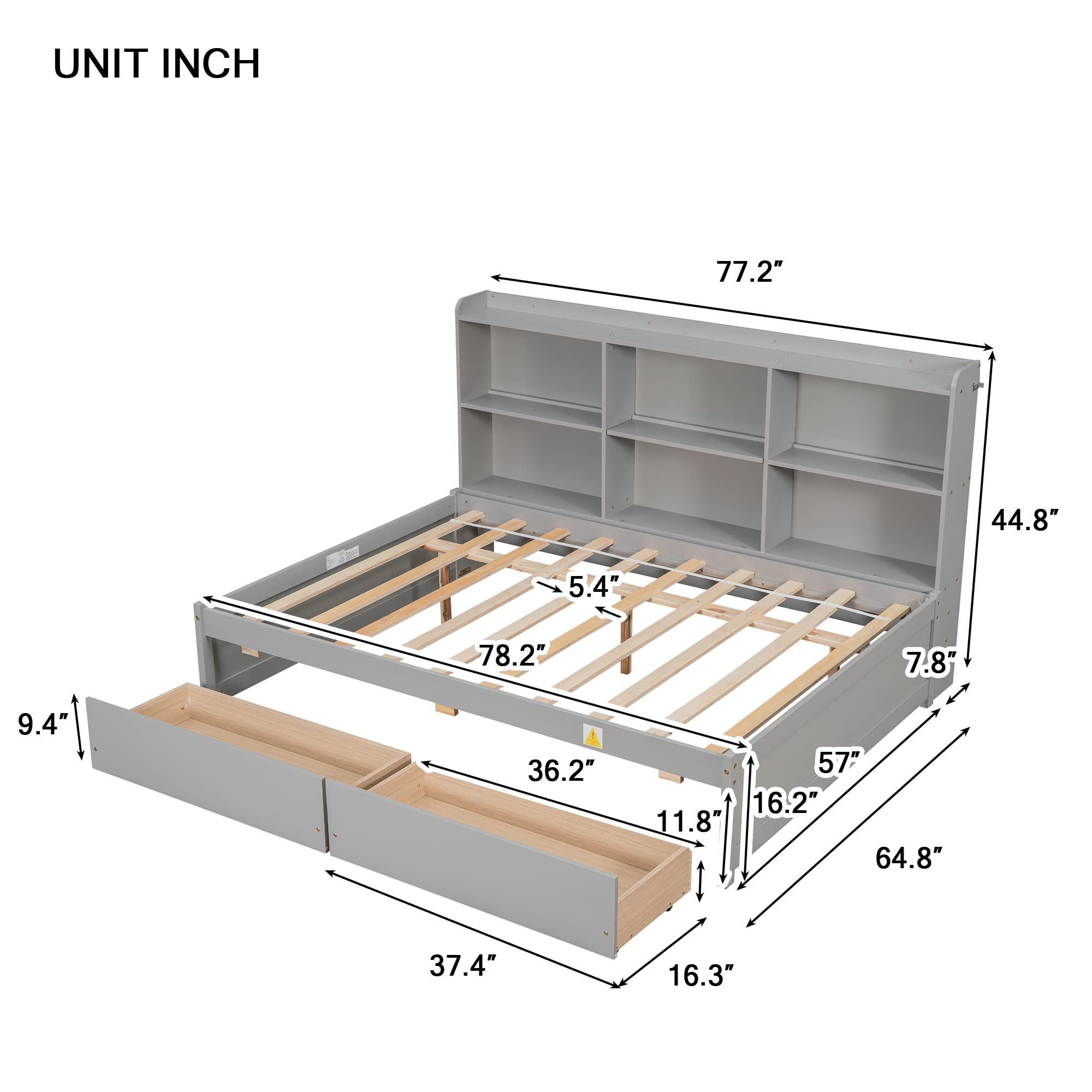 Harper & Bright Designs Full Captains Bed with Bookcase and Two Drawers, Wooden Full Size Daybed Frame with Storage,Space Saving Full Bed Frame for Girls Boys (Grey,Full)