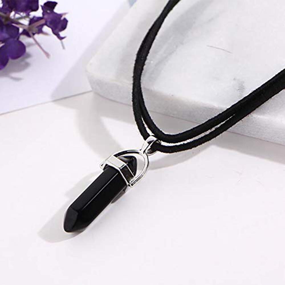 Aimimier Layered Choker Necklace Crystal Choker Chakra Suede Choker Hexagonal Gemstone Pendant Necklace Bohemia Jewelry for Women(Black)