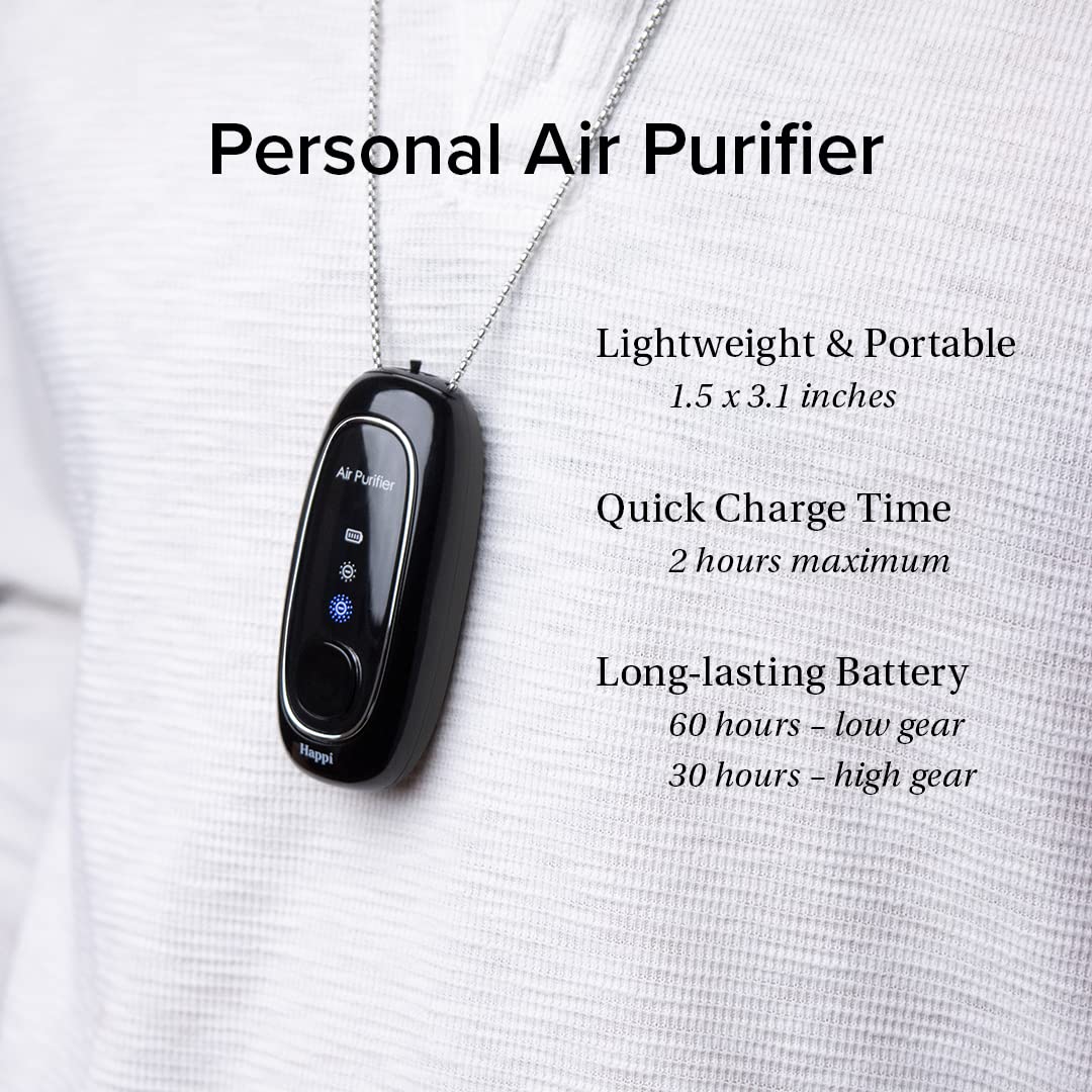 Happi Go Mini Portable Personal Air Purifier, Real Time Air Quality LED Smart Display, Absorbs Smoke, Pollen, Dust & More, Removes Viruses & Bacteria, Odor Eliminating, Ready for Car and Travel, Sleek Black