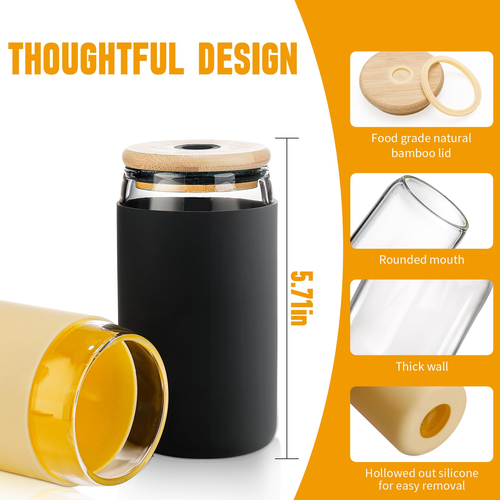 Glass Cups with Lids and Straws 2 pcs, Glass Cups with Silicone Protective Sleeve-16 oz Iced Coffee Cups with Lids,Glass Coffee Cups for Beer, Tea, Gift Giving