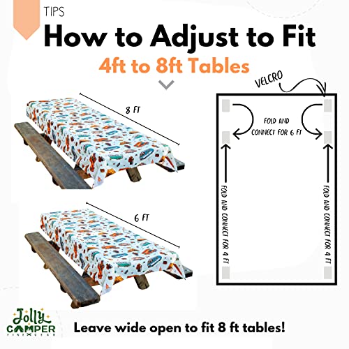 Jolly Camper Vintage Style Camping Tablecloth, Picnic Tablecloth, Fits 4ft to 8ft Picnic Tables, Polyester, Washable & Reusable, Spill & Stain Resistant, Water Repellent, Table Cloth for Picnic Table