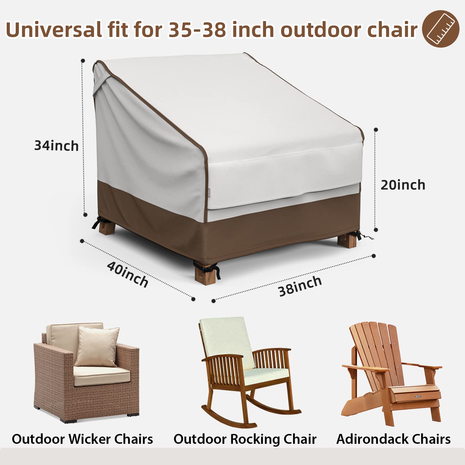 MR. COVER Patio Chair Covers Waterproof for 35-38 Inch Outdoor Chairs, Sturdy 600D Polyester & Double-Stitched Seams, Beige (2-Pack)