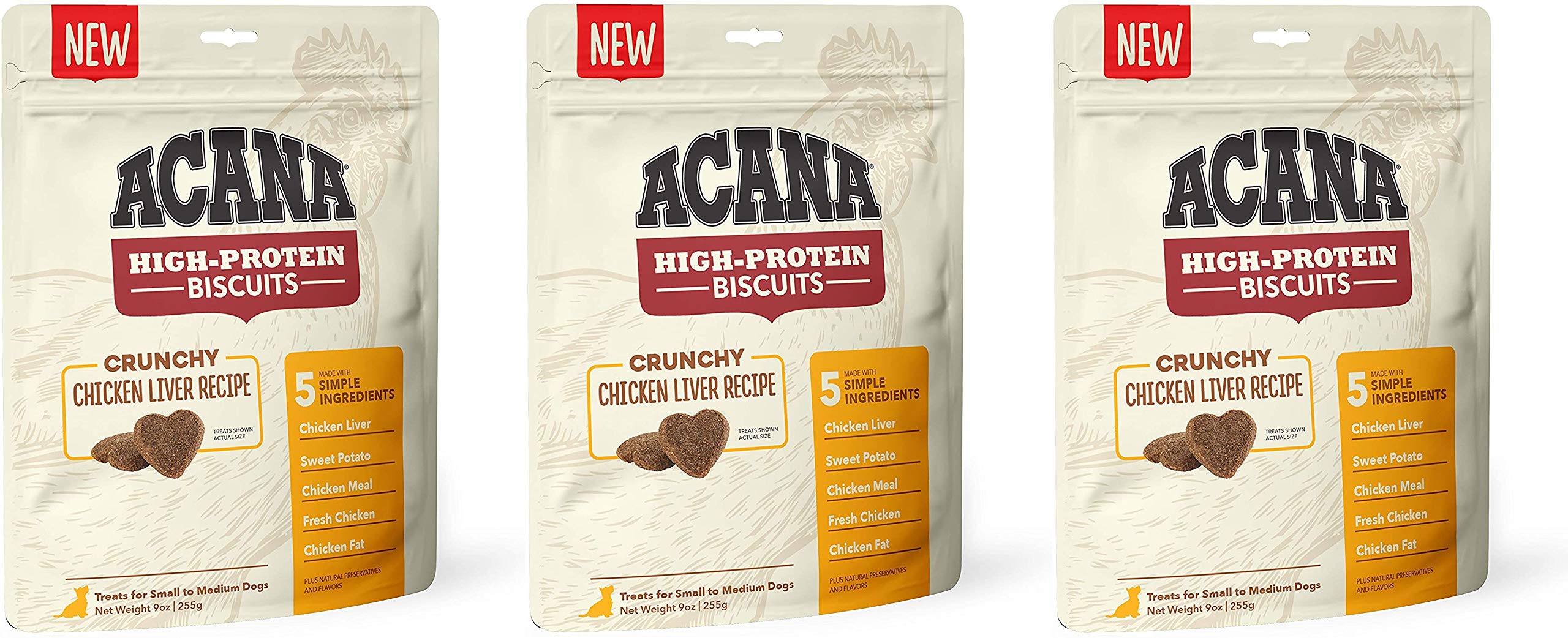 ACANA 3 Pack of Crunchy Chicken Liver High-Protein Biscuits, 9 Ounces Each, for Small to Medium Dogs
