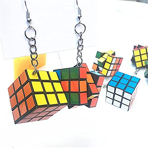 ANXIN Mini Simulation Colorful Real Magic Cube Dangle Earrings Necklace Puzzle Cube Creative Cartoon Funny Earrings for Women Girls (Colorful Real Magic Cube Earrings)
