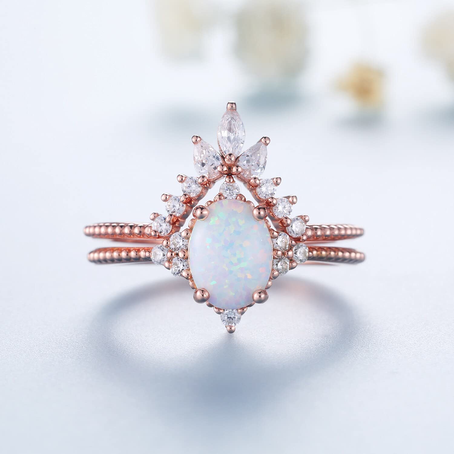 925 Sterling Silver Rose Gold White Fire Opal CZ Diamond Engagement Ring Stackable Wedding band Set Women Bridal set Statement Anniversary Ring Gift Promise Oval Cut White Gold Yellow Gold