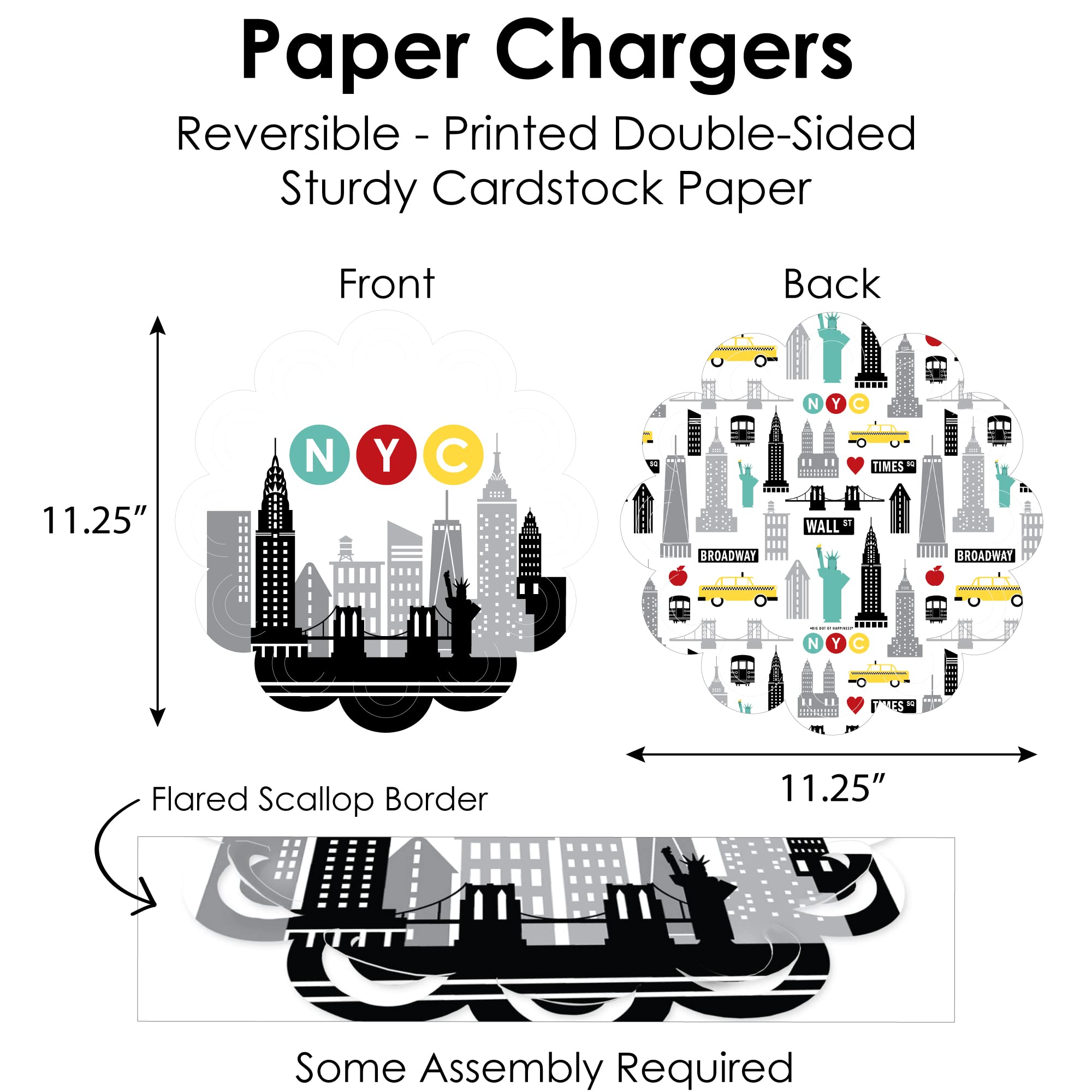 Big Dot of Happiness NYC Cityscape - New York City Party Paper Charger and Table Decorations - Chargerific Kit - Place Setting for 8