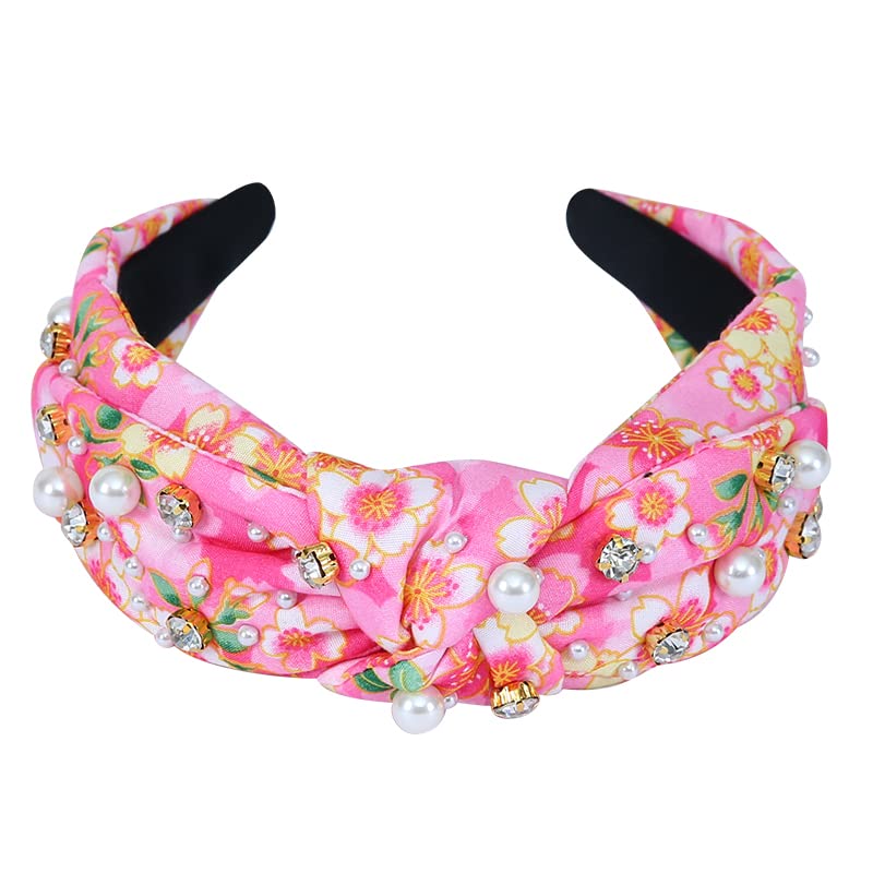 Crystal Knotted Headband Holiday Romantic Vintage Pearl Prints Women Knot Bow Floral Embellished Hair Bands