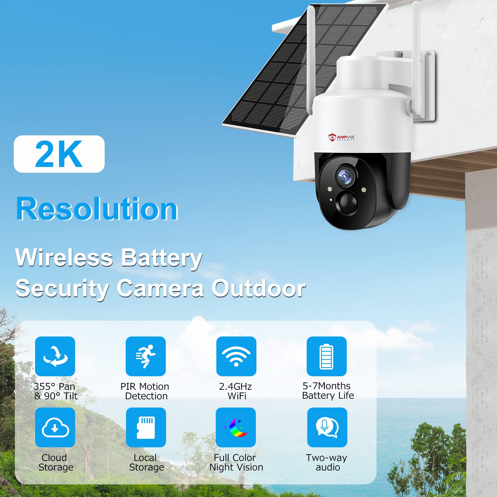 Anpviz Solar Security Camera Wireless Outdoor, 2K 360°Pan Tilt Battery Powered Cameras for Home Security with 2.4G WiFi, PIR Detection, 4X Zoom,2 Way Talk, Color Night Vision, Compatible with Alexa