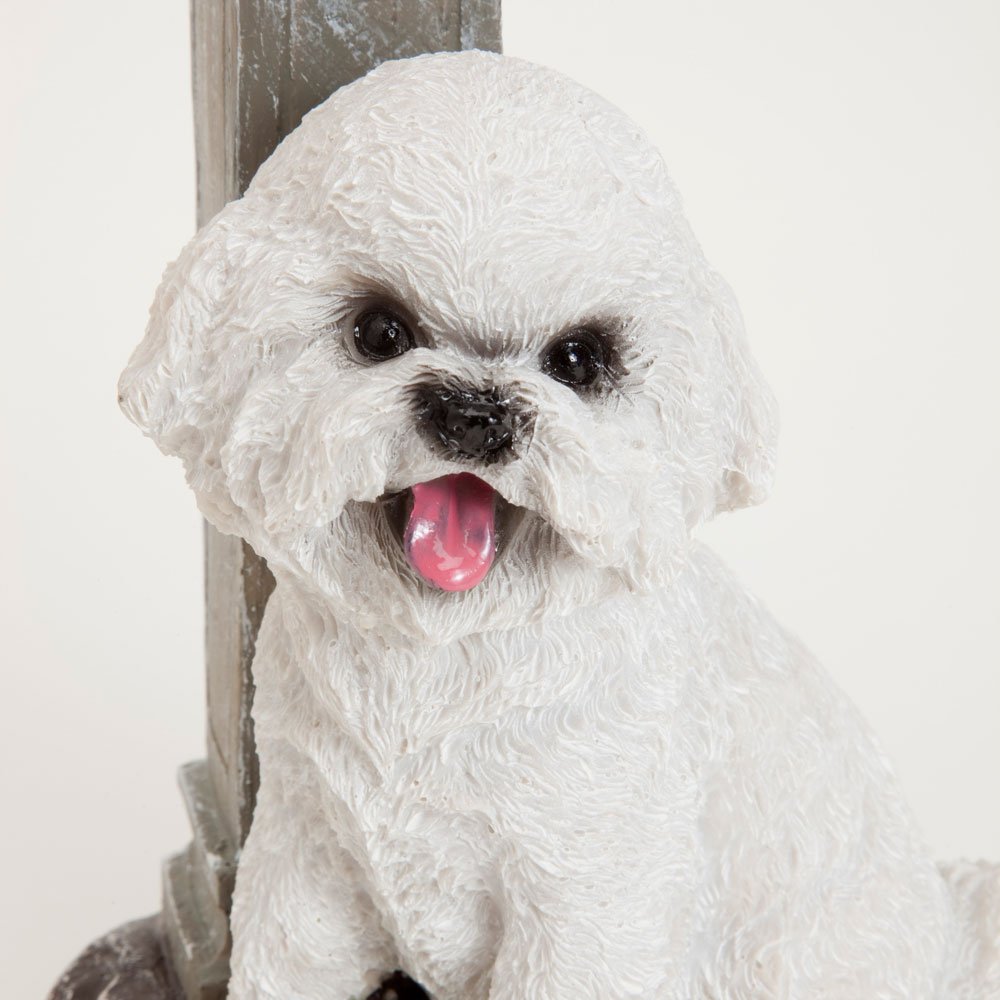Bits and Pieces-Solar Bichon Lantern-Solar Powered Garden Lantern - Resin Dog Sculpture with LED Light