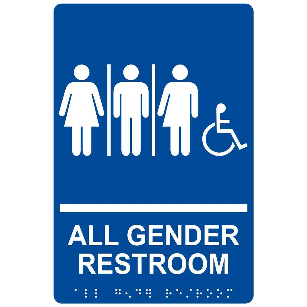 ComplianceSigns.com All Gender Restroom Sign, ADA-Compliant Braille and Raised Letters, 9x6 inch Blue Acrylic with Adhesive Mounting Strips