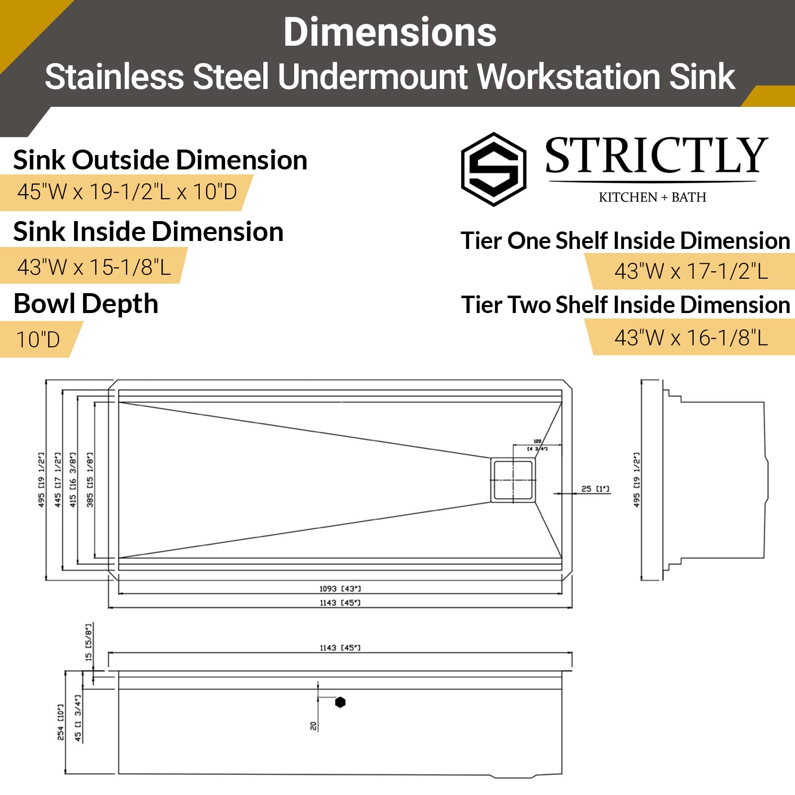 Strictly Sinks 45” Copper Workstation Sink - 16 Gauge 45 Inch Stainless Steel Sink - 2-Tier Undermount Kitchen Sink with 2 Square Strainer Drains, 1 Disposal Adapter, & 6 Workstation Sink Accessories