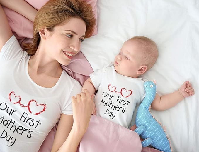 Our First Mothers Day Outfits New Mom Gifts Mommy and Me Matching Shirts Set Mom White Medium/Baby White 12M (6-12M)