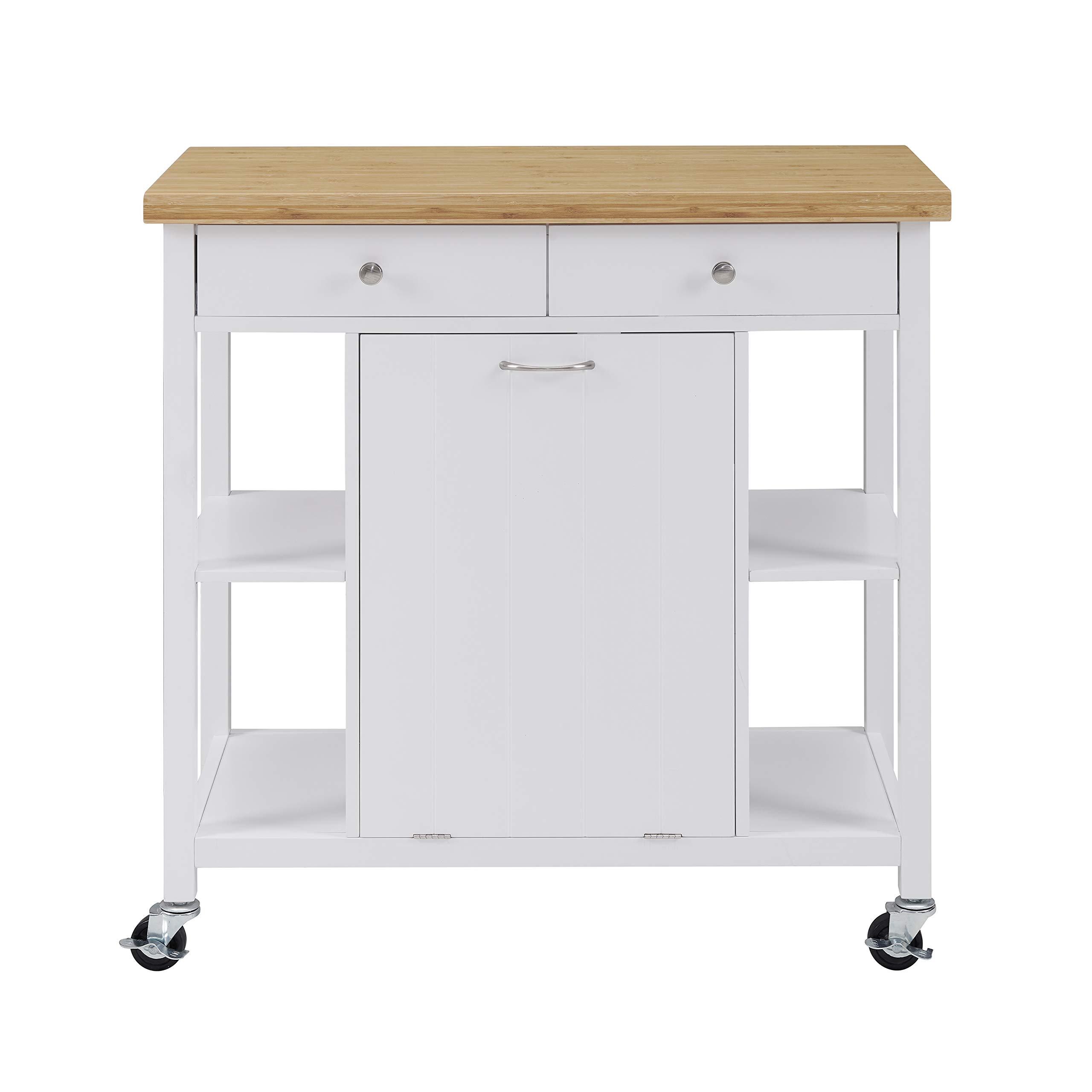 Almeris Lux White Kitchen Island Cart Wheels Bamboo Top Storage Cabinet Drawers Rolling Utility Shelf Furniture Table Home Office Bar Rack Cupboard