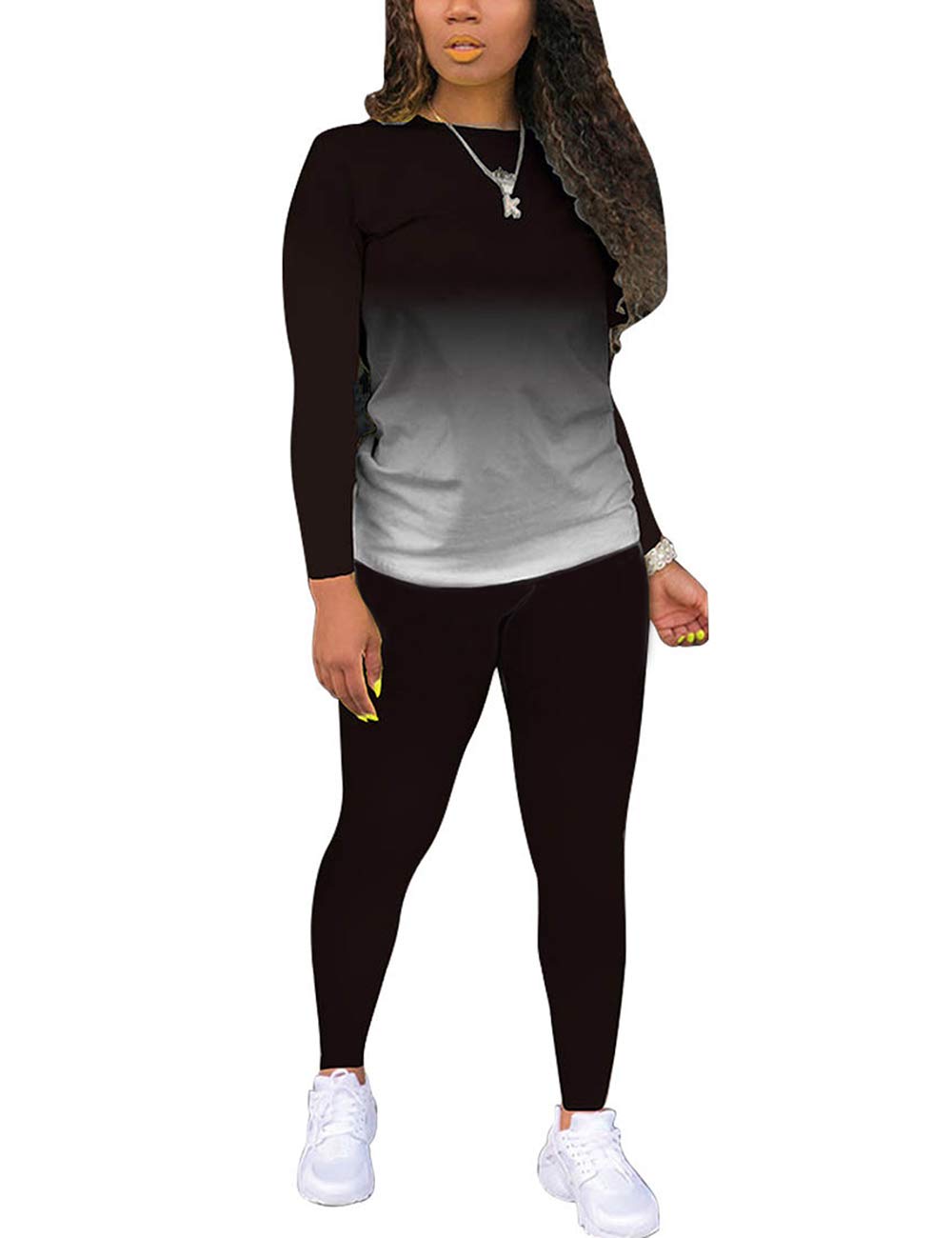 Angsuttc 2 Piece Pants Outfits for Women, Gradient Long Sleeve Pullovers and Skinny Pants Set Tracksuit Black XXL