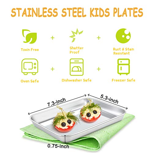 E-far Stainless Steel Kids Plates, 4 Pieces Mini Metal Dinner Dish Set for Kids Toddler Child, 7.3β x 5.3β x 0.75β, Non-Toxic & & Dishwasher Safe, Great for Self-Feeding/Picnic/Outdoor Camping