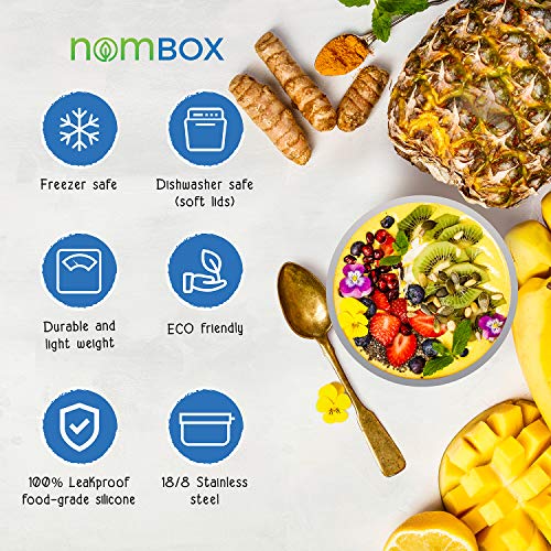 NomBox Stainless Steel Food Storage Containers β Set of 3 Kitchen Lunch/Snack Containers With Leak-proof Silicone Lids β Reusable & Washable β For Portion Control, Food Prep & Storing