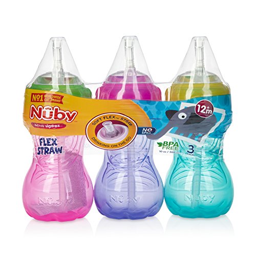 Nuby 3 Piece Girl No-Spill Cup with Flex Straw, 10 Ounce