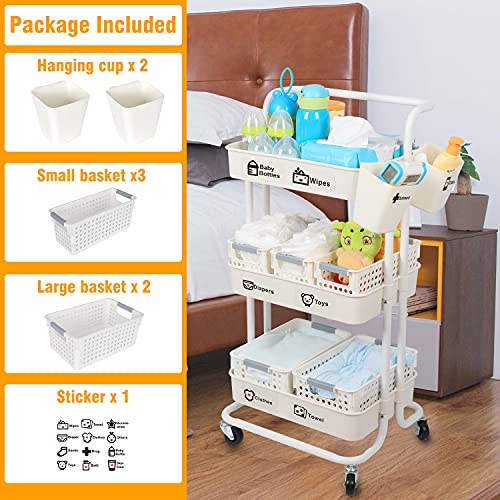JOLEAD Baby Diaper Caddy Organizer Cart Movable, 3-Tier Sturdy Newborn Nursery Essentials Storage Cart for Changing Tables, with Mesh Baskets Hanging Cups and Sticker, Easy to Assemble