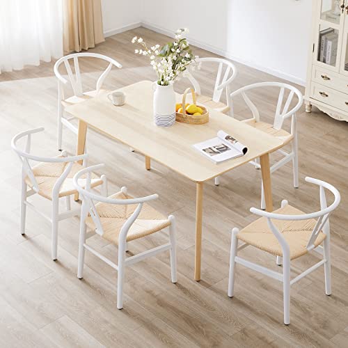 Farini Dining Room Chairs Wishbone Rattan Chair Solid Wood Armchairs Y Shaped Backrest Hemp Seat for Home Restaurant Fully-Assembled(Set of 2,White-Beige Seat)