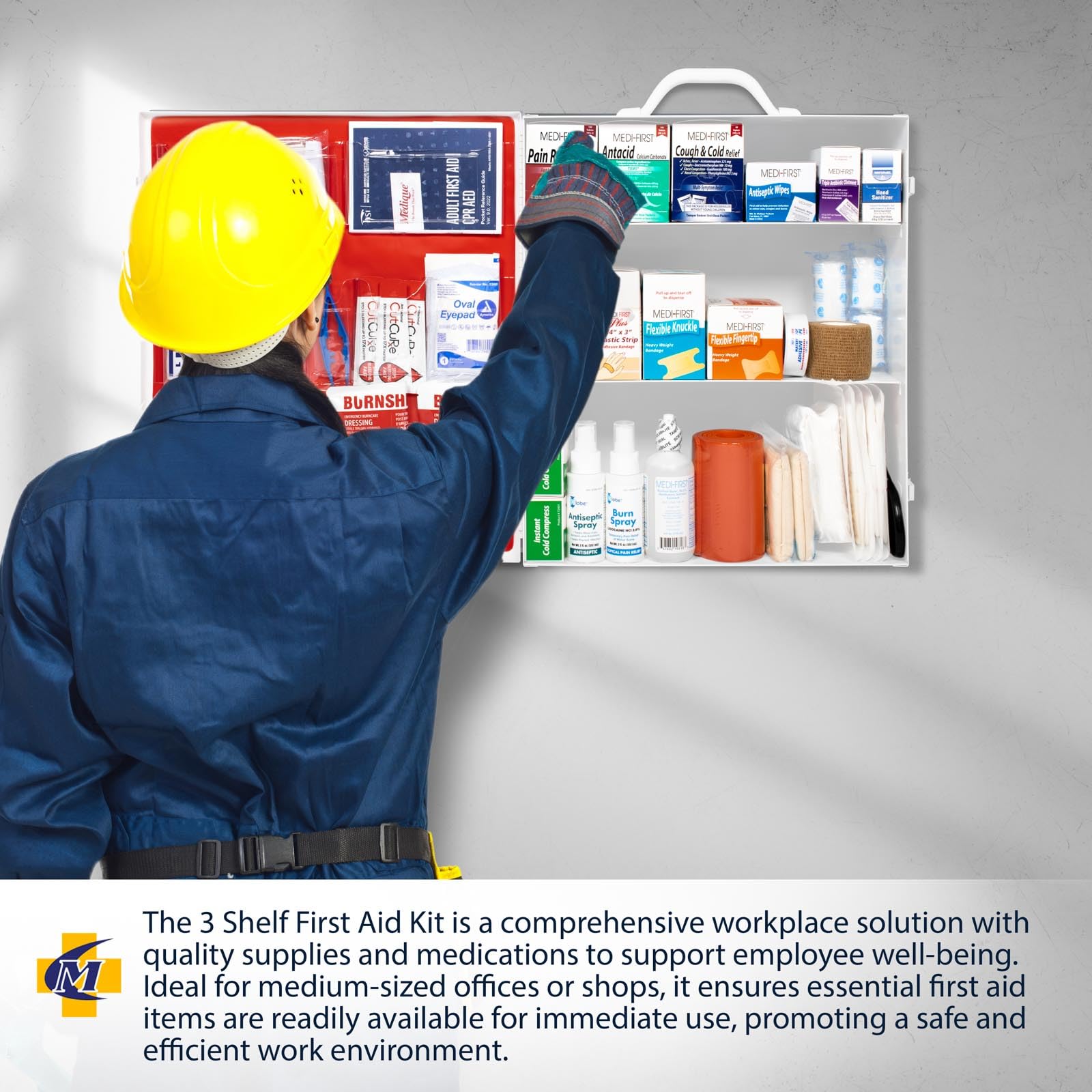 MFASCO 2021 ANSI/OSHA Compliant First Aid Kit - Large, Commercial 3-Shelf Metal Cabinet for Businesses, Wall Mountable - with Medications - ANSI Standard 2021 First Aid Kits, Class B Fill