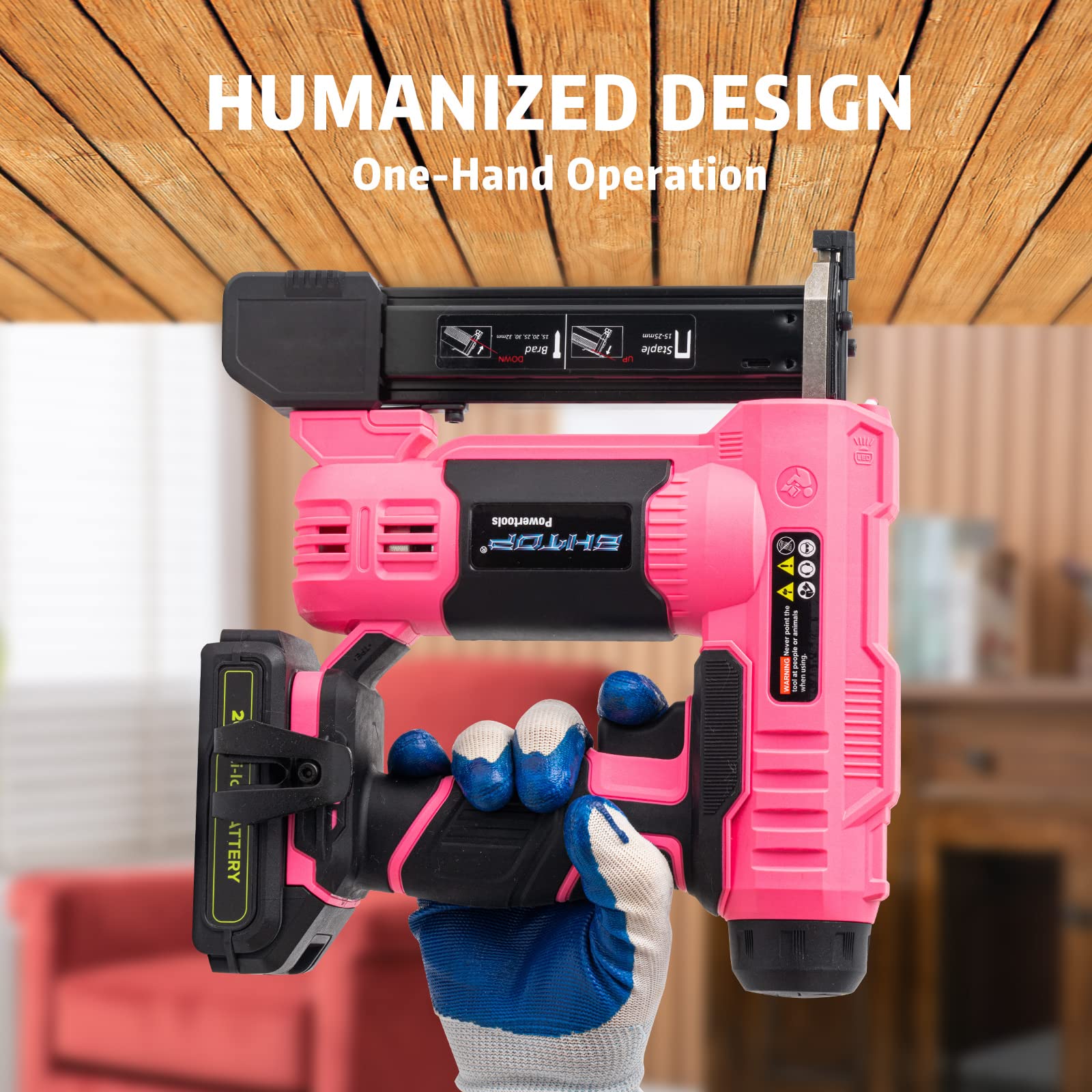 BHTOP 20V Cordless Brad Nailer&Stapler, 18 Gauge 2 in 1 Stapler Kit, Heavy Finish Nail Gun with 2.0A Rechargeable Battery, Charger, 2500 Brad Nails and 500 Staples in Pink