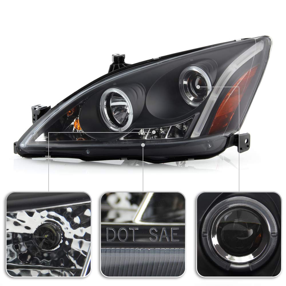 ACANII - For 2003-2007 Honda Accord LED Dual Halo Black Housing Projector Headlights Headlamps, Driver & Passenger Side