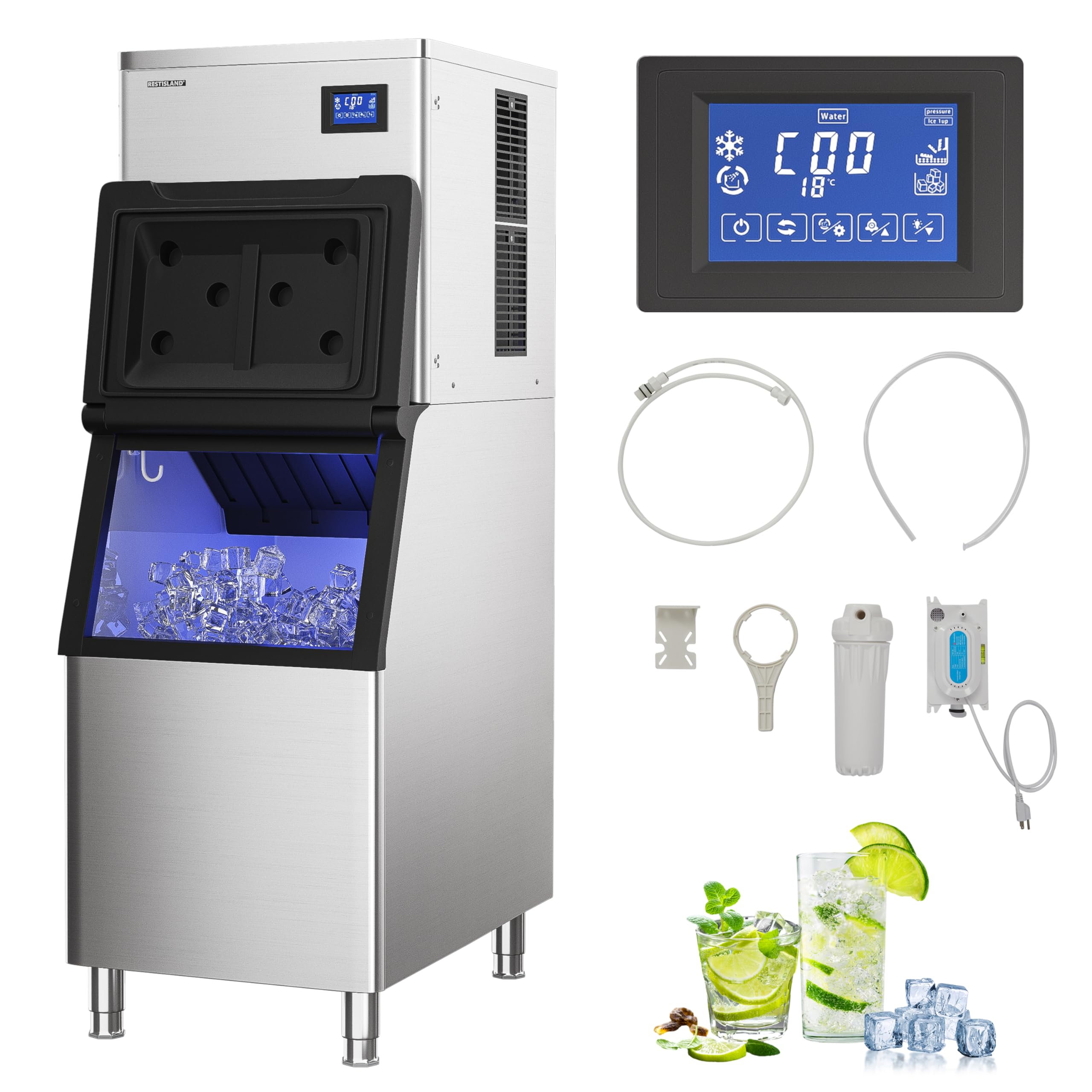 RESTISLAND Commercial Ice Maker Machine, 400 lbs /24 h, 330 lbs Storage Bin, Stainless Steel, Automatic Cleaning, Blue Ray, Perfect for Bar or Business, Includes Ice Shovel, Connection Hose