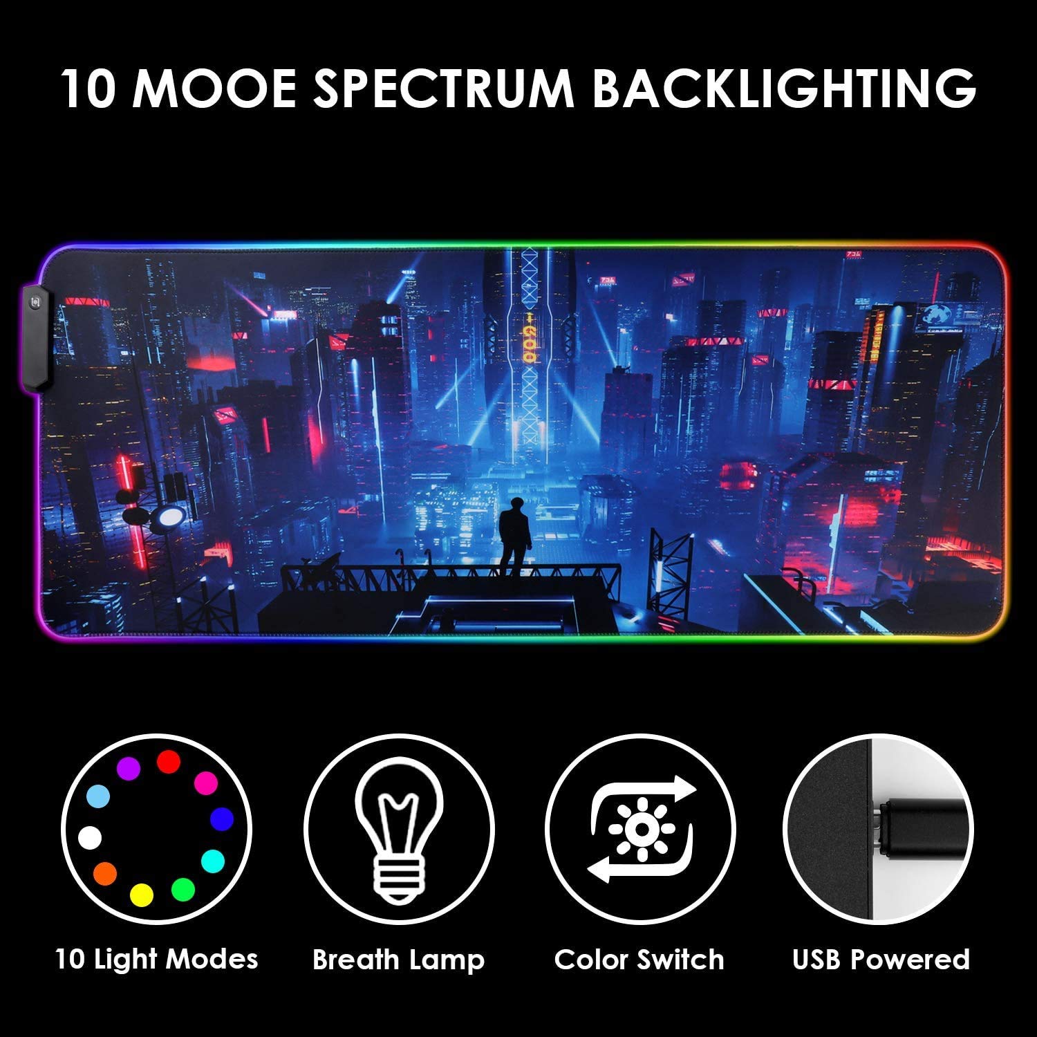 Aimetech RGB Mouse Pad, Led Gaming Mouse Pad Oversized Glowing Mat Colorful Soft Mat for Mice Computer Keyboard with Non-Slip Rubber Base Water-Resistant 31.5×11.8 inches (80x30 rgnight)