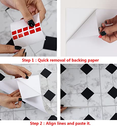CiCiwind Peel and Stick Floor Tiles 12 PCS-12" x 12" Self Adhesive Black & White Marble Lattic Pattern Floor Tiles for Bathrooms,Kitchen,Living Room,Dining Room